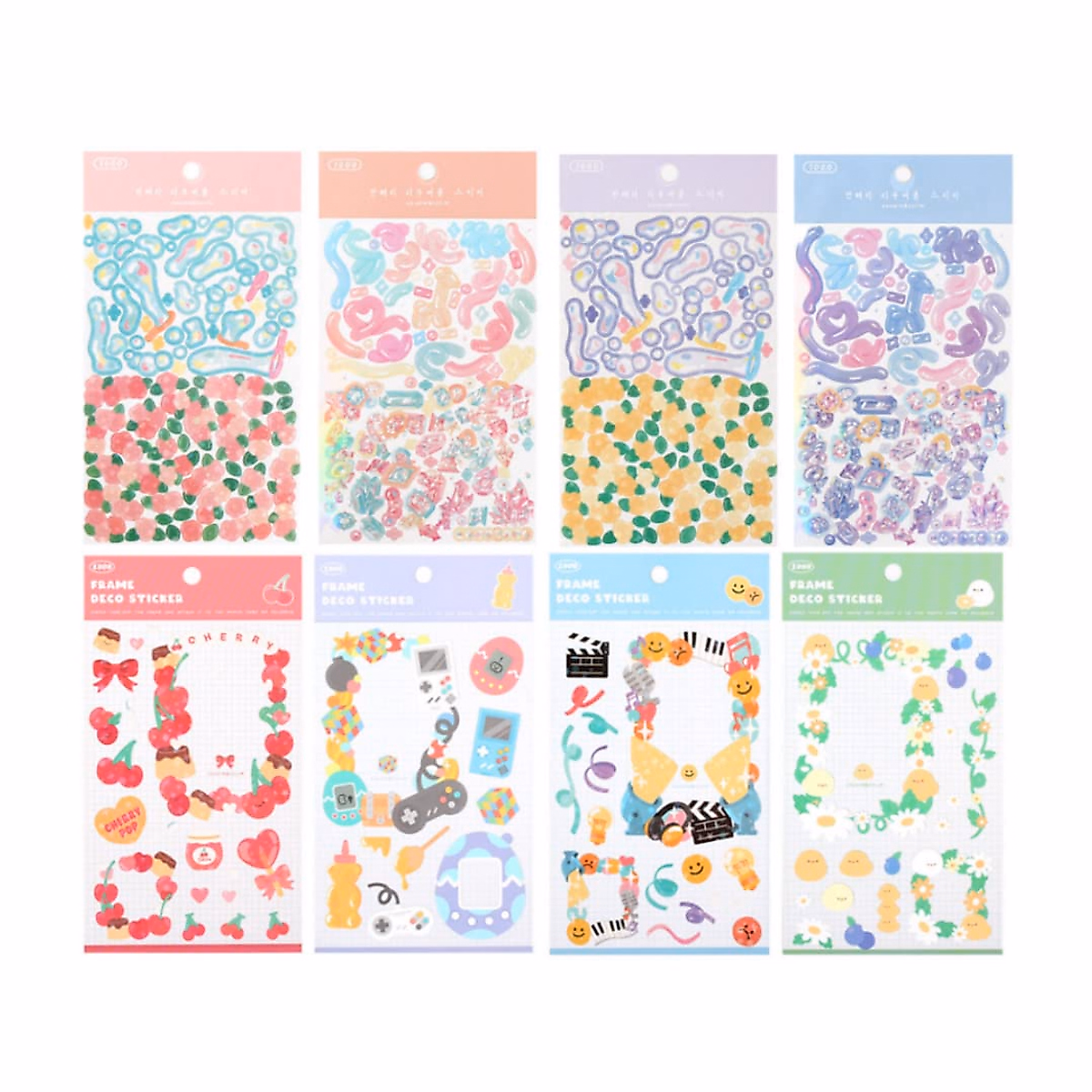 Cute Essential Kawaii Aesthetic Stationery Sticker Pack - 8 Sheets (258+ Stickers) - for Planners, journals, scrapbooks, Gifts, Kpop photocards, polocos, Frame, Removable, Confetti, Flowers, Bubble