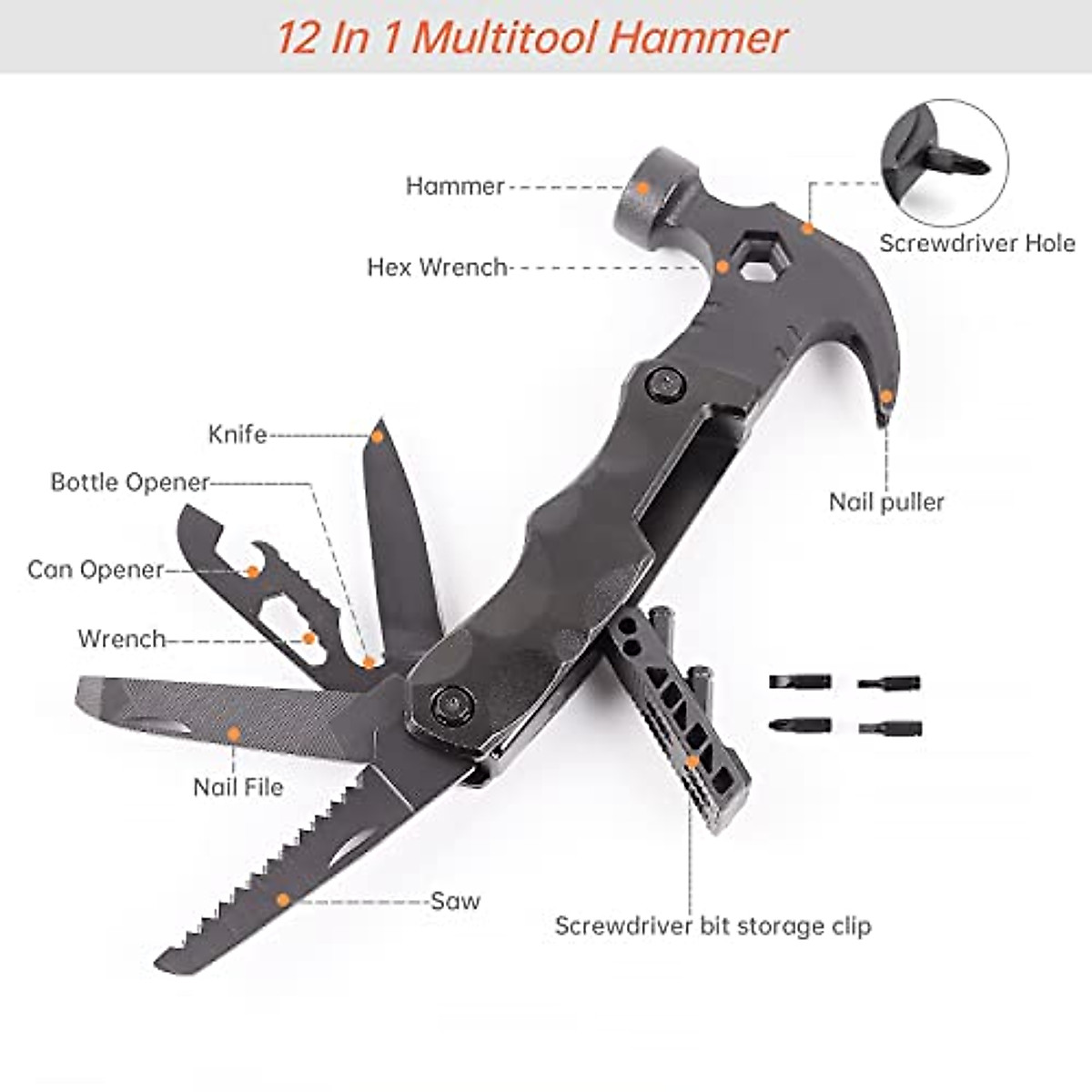 12 in 1 Hammer Multitool with Safety Lock, Camping Accessories Survival Gear,Cool Gadgets for Outdoor Fishing Hiking Anniversary Birthday Christmas Stocking Stuffers Gifts for Men Dad Boyfriend