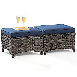 Joyside Outdoor Ottomans for Patio Set of 2 PE Wicker Steel Frame Outdoor Footstool with Removable Olefin Cushions for Garden, Patio, Backyard and Deck, Blue