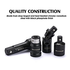 MIXPOWER 18 Pieces Drive Tool Accessory Set, CR-V Steel with Black Phosphate Finish, Includes Socket Adapters, Extensions and Universal Joints and Impact Coupler, Professional Socket Accessories