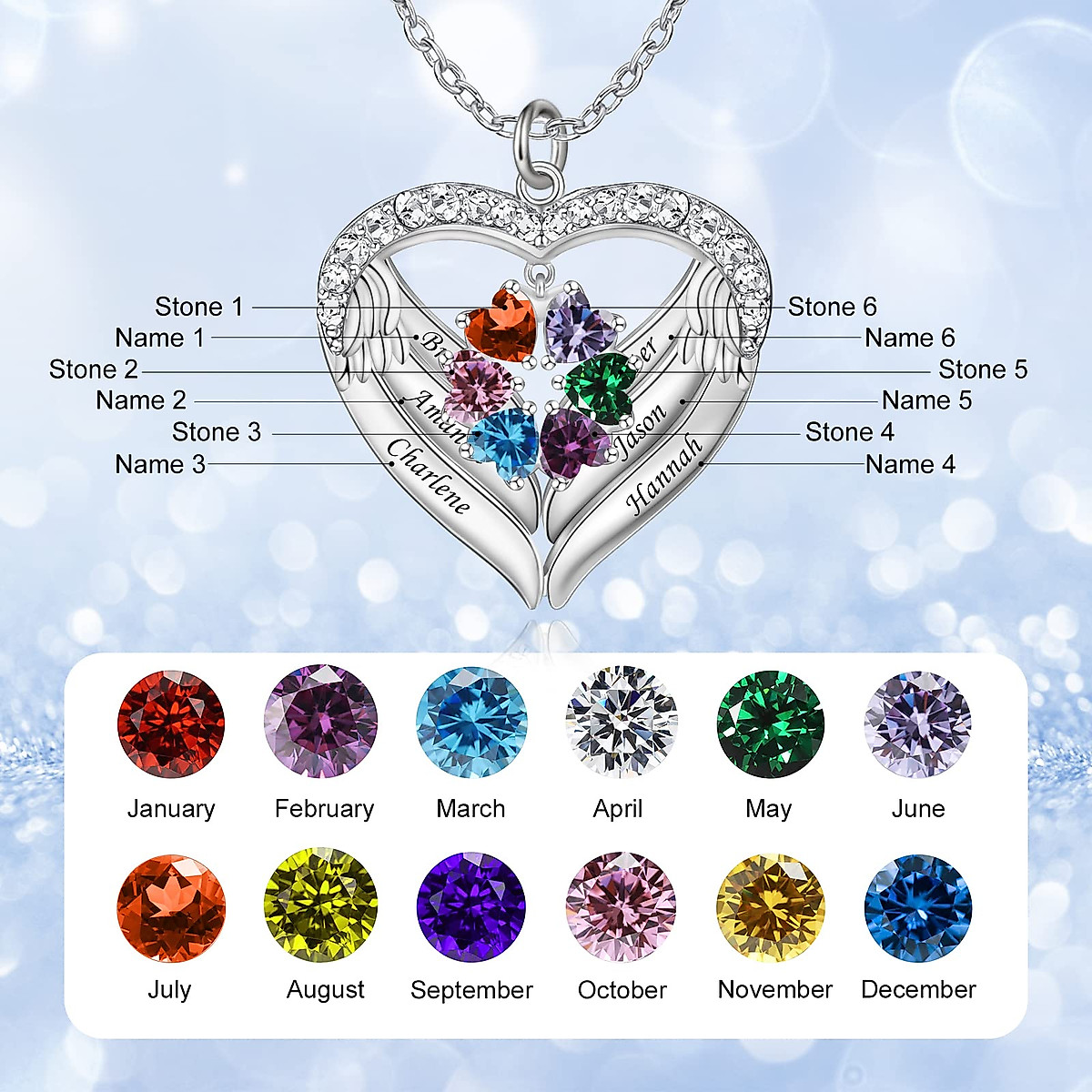 ORFANDE Personalized Mothers Necklace with 1-6 Names and Simulated Birthstones Custom Heart Pendant Necklace for Mom Personalized Mother Necklace for Christmas (6 Names)