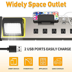 ZESEN 10-Outlet Power Strip with LED Worklight Surge Protector 4ft Cord with Dual Smart USB, Workshop/Garage/Office/Home, ETL Listed