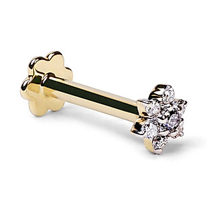Demira Jewels Natural Diamond 14k Yellow Gold Flower Nose Lip Labret Monroe Ring Stud Screw with 8 mm long and 16 gauge thick post