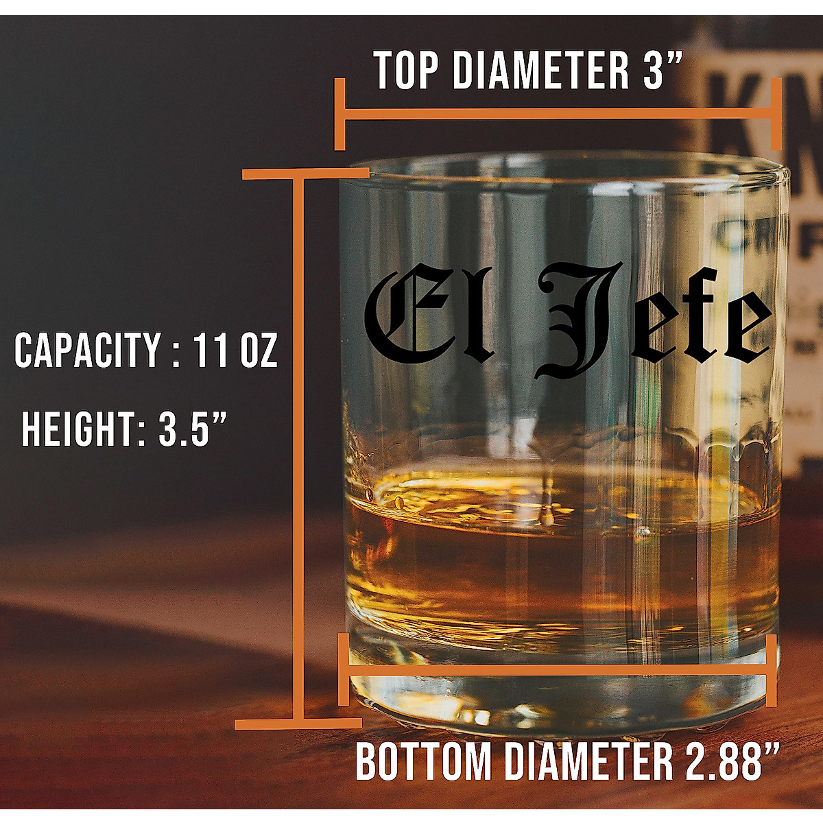 Spotted Dog Company Printed 11oz Whiskey Glass - El Jefe - The Boss - Old Tyme, National Boss Day Gifts Best Boss Ever Funny