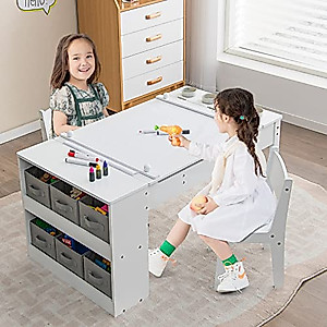 INFANS 2 in 1 Kids Art Table and Chair Set, Toddler Craft Play Wood Activity Desk with 2 Chairs Paper Roll Storage Canvas Bins Paint Cups for Drawing Writing, Children Furniture for Daycare Nursery