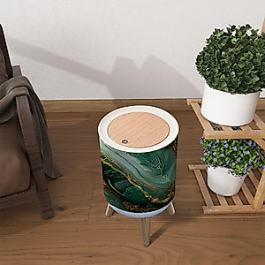 PHAIBHKERP Trash Can with Lid Abstract Luxury Marble Art marbling Texture Green Gold 3D Garbage Can Round Waste Bin Press Cover Dog Proof Wastebasket for Kitchen Bathroom Living Room Nursery 1.8gal
