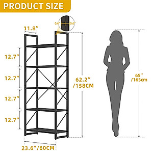 DWVO 5 Tier Bookshelf, Industrial Bookshelves Open Shelf Bookcase, Storage Shelves Organizer Display Rack for Bedroom,Living Room,Office,Kitchen, Charcoal Gray