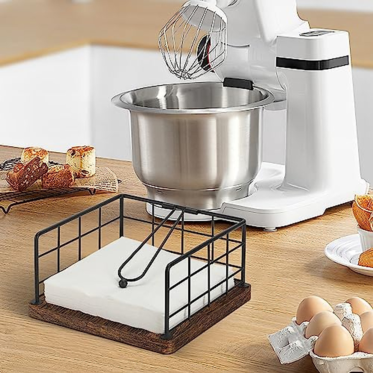 YINMIT Flat Napkin Holder for Table, Rustic Paper Napkin Organizer for Cafe with Weighted Arm, Wooden Tissue Paper Dispenser for Kitchen Countertop, Dining Table, Picnic Table, Indoor and Outdoor Use