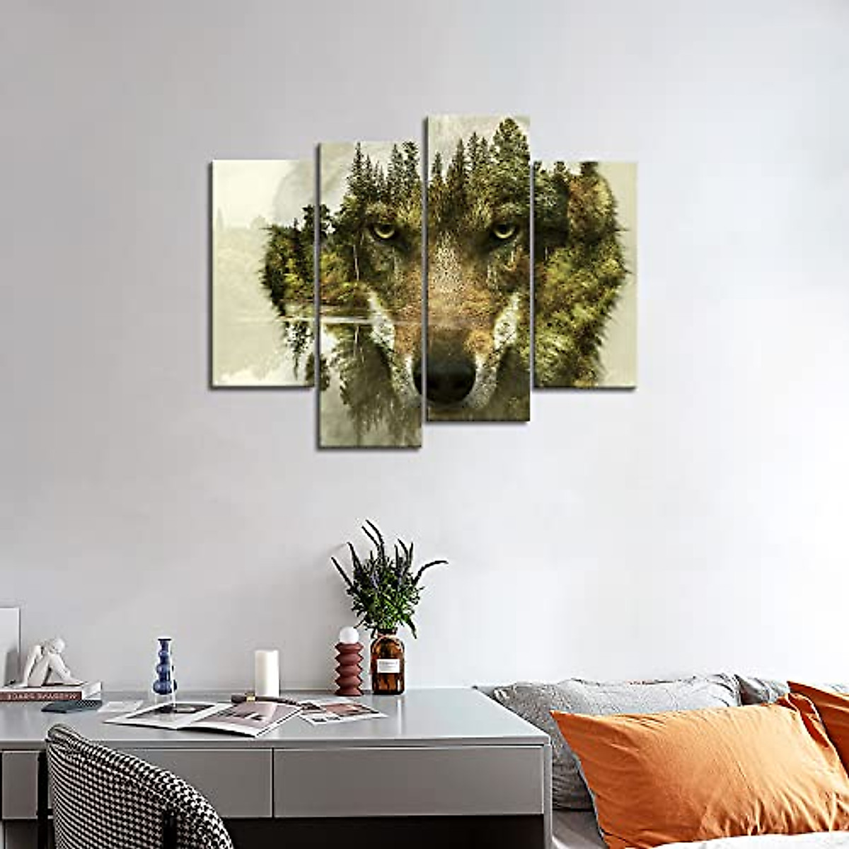 Wolf 4 Pieces Modern Canvas Painting Wall Art The Picture for Home Decoration Wolf Pine Trees Forest Water Wolf Animal Print On Canvas Giclee Artwork for Wall Decor