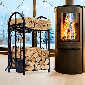 Sturdy Firewood Rack Fireplace Tools Set with 4 Fireplace Accessories Brush Shovel Poker Tong, Vertical Design 2 Shelves Log Storage Rack Holder, Holds a Great Amount of Wood Fireside Logs