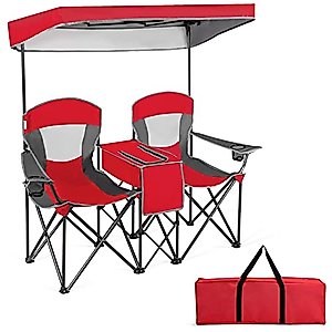 Tangkula Loveseat Camping Chair with Adjustable Shade Canopy, Portable Beach Chair with Cooler Bag, 2 Cup Holders, Carrying Bag, Foldable Double Lawn Chair for Travel, Fishing, Picnic (Red)