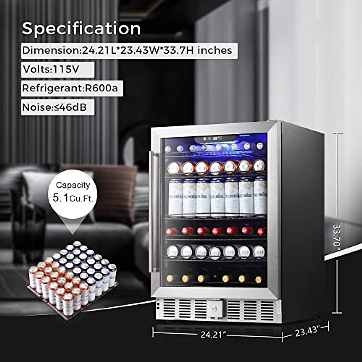 Antarctic Star 5.1 Cu.Ft Beverage Refrigerator- Wine Cooler Low Noise Transparent Glass Door LED Light Stainless Steel Efficient Cooling System with a Lock 115V 60Hz for Home and Bar 24inch, Silver