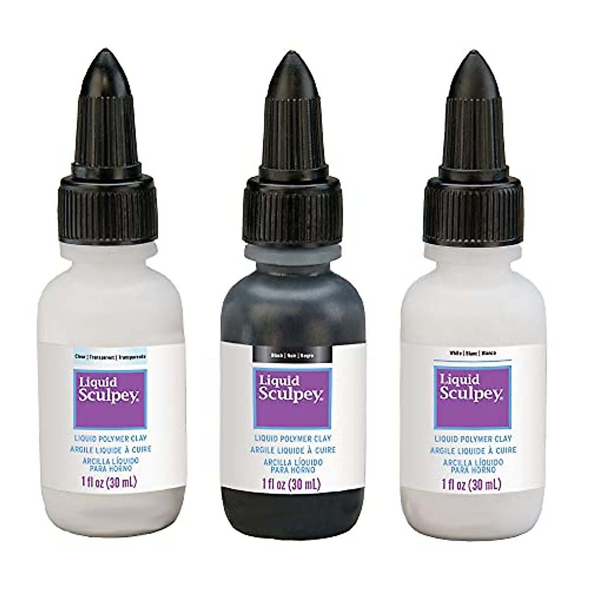 Polyform Liquid Sculpey Liquid Polymer Oven-Bake Clay, Classic Sampler Pack, Three 1 oz. bottles included, White, Black and Clear colors, Great for jewelry, holiday, DIY