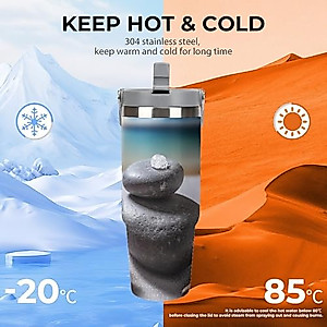 BWQJKUO Large Capacity Car Cup 30 Oz Stainless Steel Tropical Flower And Zen Stone Printed Travel Mug Leak-proof Flip Straw Tumbler with Handle,keeps Cold Or Ho