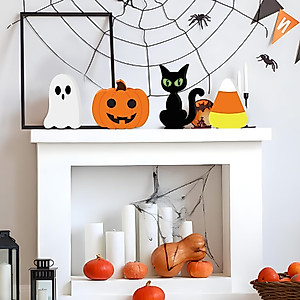 6 Pcs Halloween Wooden Decor Halloween Tiered Tray Decorations Pumpkin Ghost Bat Black Cat Mummy Candy Corn Table Signs Rustic Farmhouse Table Centerpiece for Halloween Party Home Shelf Decor