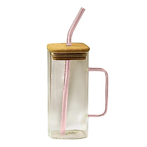 ROTORS Glass Cups with Lids and Straws,16oz Can Shaped Glass Cups Clear Iced Coffee Cup,Beer Glasses,Cocktail Glasses,Cute Tumbler Cup,Ideal for Whiskey,Soda,Tea,Gift,with Bamboo Lids & Glass Straws