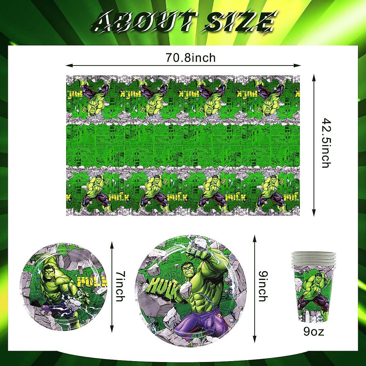 Green Hero Birthday Party Tableware Supplies Set for 16 Guests with Tablecloth, Plates and Cups,Green Hero Party Theme Birthday Baby Shower Party Decorations