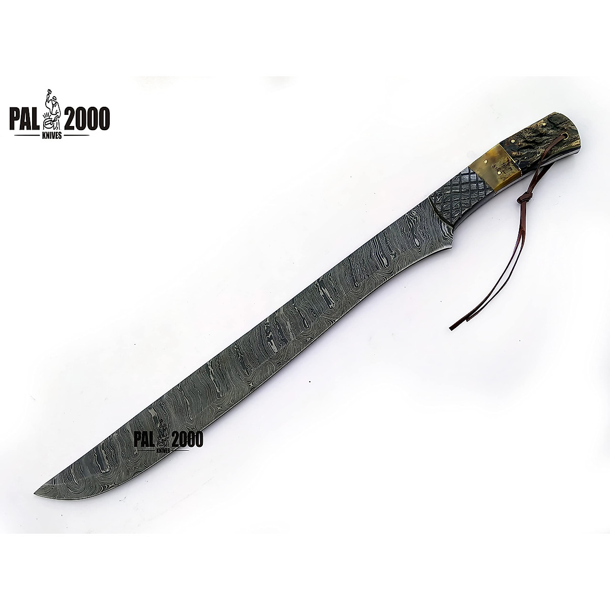 PAL 2000 KNIVES HSK-9990 Handmade Damascus Sword Knife Ram Horn Handle With Sheath