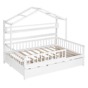 Bellemave Wooden Full Size House Bed with Trundle,Kids Full Playhouse Platform Bed Frame with Storage Shelves,Montessori Be for Kids Teens Girls & Boys (White)