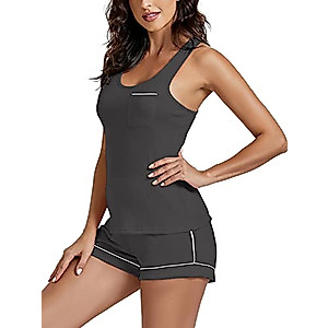 LYANER Women's 2 Piece Pajama Set Scoop Neck Pocket Sleeveless Tank Top Sleepwear with Shorts PJ Gray Small