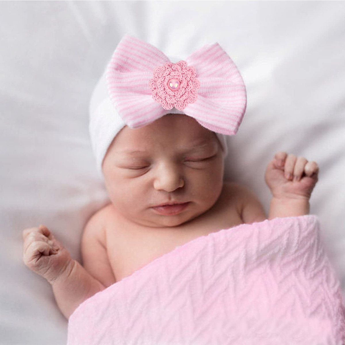 BQUBO Newborn Baby Caps Mittens for Baby Girls Set Hospital Hat Beanie Infant Hats with Bow Baby Scratch Mitten Gloves