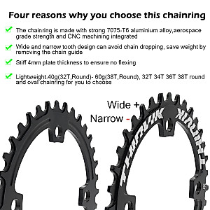 Thinvik Narrow Wide Single Chainring 104mm BCD 32T 34T 36T 38T. Round Oval Bike Chainring 8 9 10 11 12 Speed for Mountain Bike MTB e-Bike Fat Bike Anti-Oxidation 7075 T6 Aluminium Alloy - Round 32t