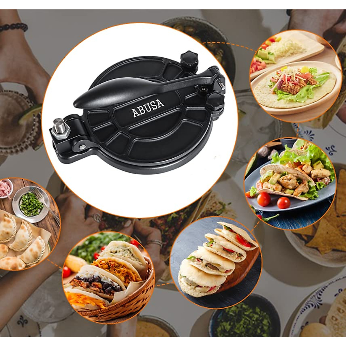 ABUSA Thickness Adjustable Tortilla Press 8 Inch Tortilla Maker Black - Roti, Dough Press, Dosa, Tawa, Tamale, Pizza, Pie, Patty