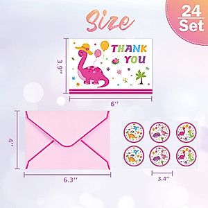 WERNNSAI Dinosaur Thank You Card - 24 Sets Kids Dino Thank You Cards with Envelopes for Toddler Girls Childrens Blank Thank U Notes for Birthday Party Gift Cards 4" X 6"