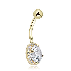 AVORA 10K Yellow Gold 8mm Simulated Diamond CZ Halo Belly Button Ring Body Jewelry (14 Gauge)
