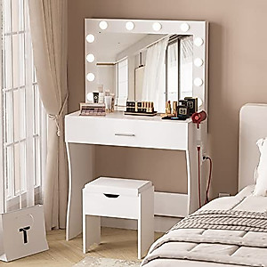 Makeup Vanity Desk with Mirror and 12 Lights 3 Color Modes, White Vanity Table for Bedroom with Charging Station, Vanity Set with Large Mirror and Storage Stool