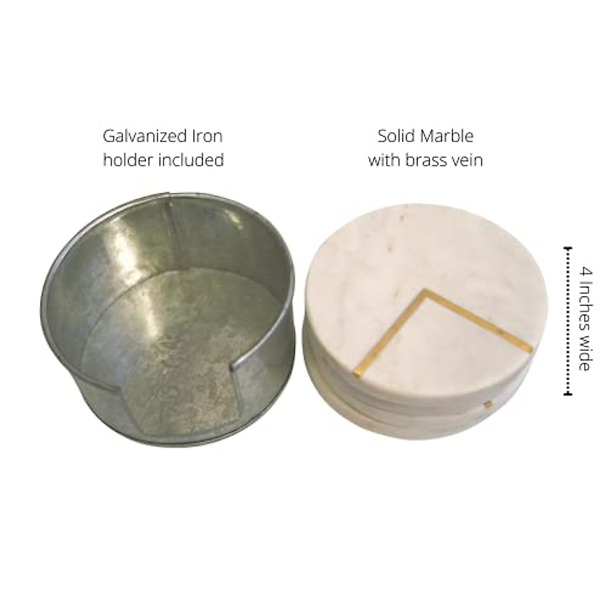 Hand Carved Natural White Marble Coasters - Set of 4 Half Mango Wood or Half Brass - Round Marble Coasters Set for Drinks. Brass/Wood & Marble Home Decor - Marble Coaster Set (Marble & Brass)