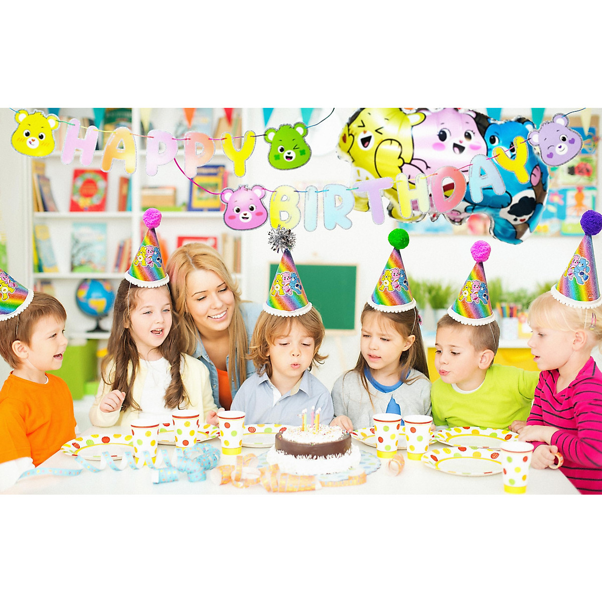 Care Bears Birthday Decorations 31pc Happy Birthday Room Decorations Original Care Bears Party Supplies: Party Hats Birthday Banners Balloons Rainbow Party Favor Baby Shower Gender Reveal Decor 3+