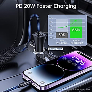 [Apple MFi Certified] Syncwire iPhone Car Charger 32W Super Fast Car Charger iPhone Cigarette Lighter USB Car Adapter with Build-in 6.5FT Lightning Cable Coiled for Apple iPhone 14/13/12/11/Max, iPad