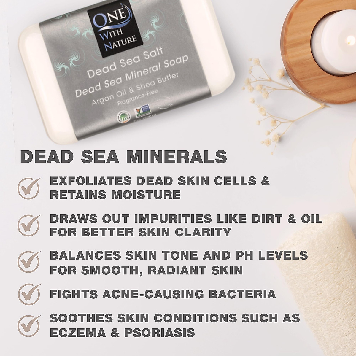 One With Nature Dead Sea Mineral Salt Soap 4oz 3Pk, with Argan Oil & Shea Butter. Dead Sea Salt Contains Magnesium, Sulfur & 21 Essential Minerals. Helps skin conditions, 100% Natural, Fragrance Free