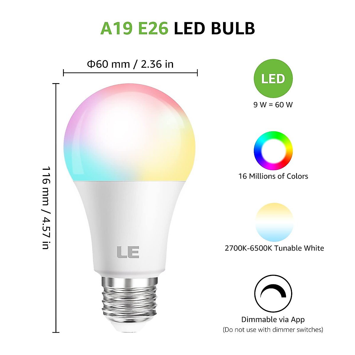 LE Color Changing Light Bulbs, Bluetooth Smart LED Bulb, Dimmable via App, 60 Watt Equivalent, 2700K-6500K Tunable White, A19 E26 RGB Bulb for Bedroom Home Party and More, 2 Pack