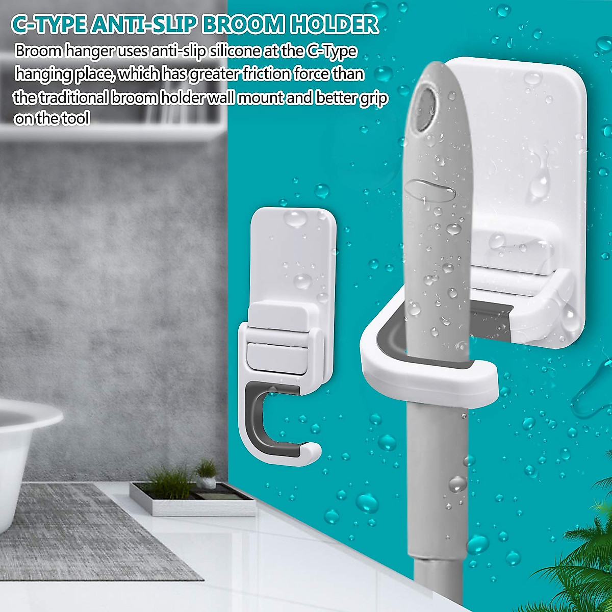 Tinkeep Mop Holder Wall Mounted Holder Broom & Mop Grippers Self Adhesive Acrylonitrile Butadiene Styrene No Drilling Super Anti-Slip Broom and Dustpan Hanger Wall Mount Mops Rakes Holder 3 pcs, White