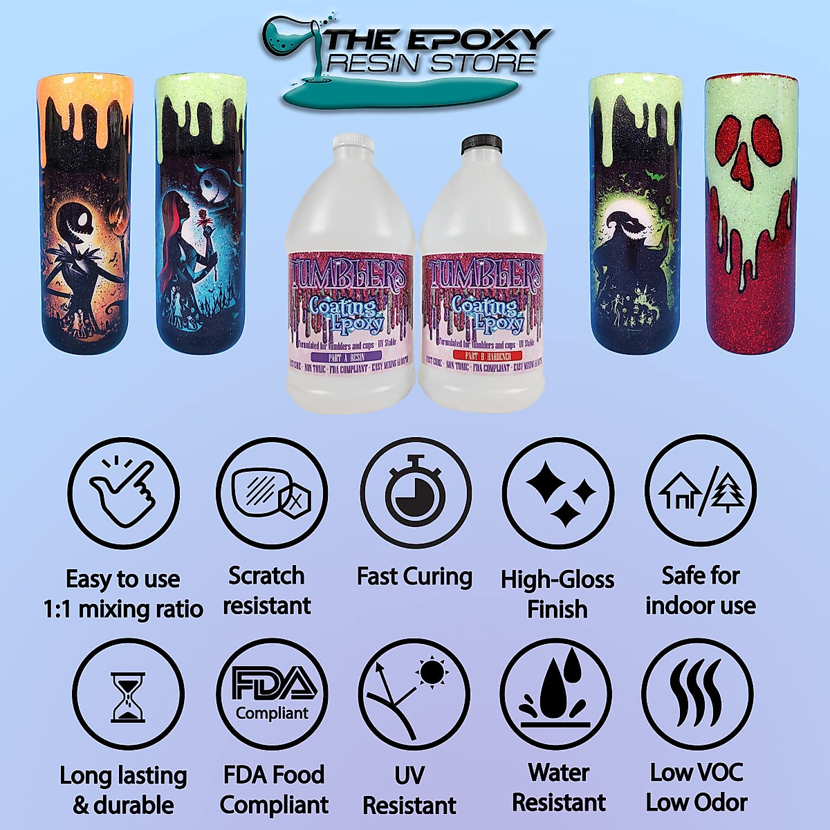 The Epoxt Resin Store - Tumbler Coating Epoxy Resin, Super Gloss Shine, Fast Cure, Self Leveling, Low Odor, Easy Mixing (1-1), UV Stable, 2 Part 1 Gallon kit