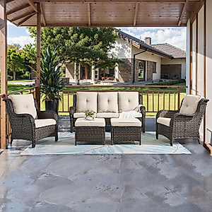 HUMMUH Outdoor Furniture 5 Pieces Patio Furniture Set Wicker Outdoor Sectional Sofa with 2 Patio Chairs,Ottomans
