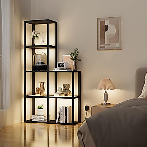 VILICK Display Shelf with LED Light Standing Floor Lamp with Glass Storage Shelves for Collectibles, 5 Tier Tall Corner Shelf Open Curio Cabinet for Living Room, Bedroom, Office, Home Decor