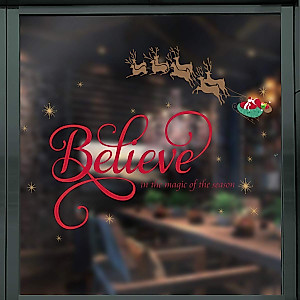 ufengke "Believe Quote Wall Stickers Santa Claus Reindeer Snowfalkes Window Clings Decal for Showcase Home Decor Merry Christmas Decoration
