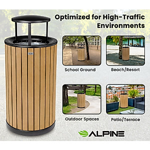 Alpine 32 Gallon Commercial Outdoor Trash Can - Heavy Duty Garbage Can Outdoor, Industrial Trash Can with Plastic Panels for Patio, Parks, Trails & Resorts (Rain Bonnet Lid - Cedar)