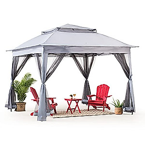 Sunjoy 11x11 ft. Pop-Up Instant Gazebo, Outdoor Portable Steel Frame 2-Tier Top Canopy/Tent with Netting and Carry Bag, Gray