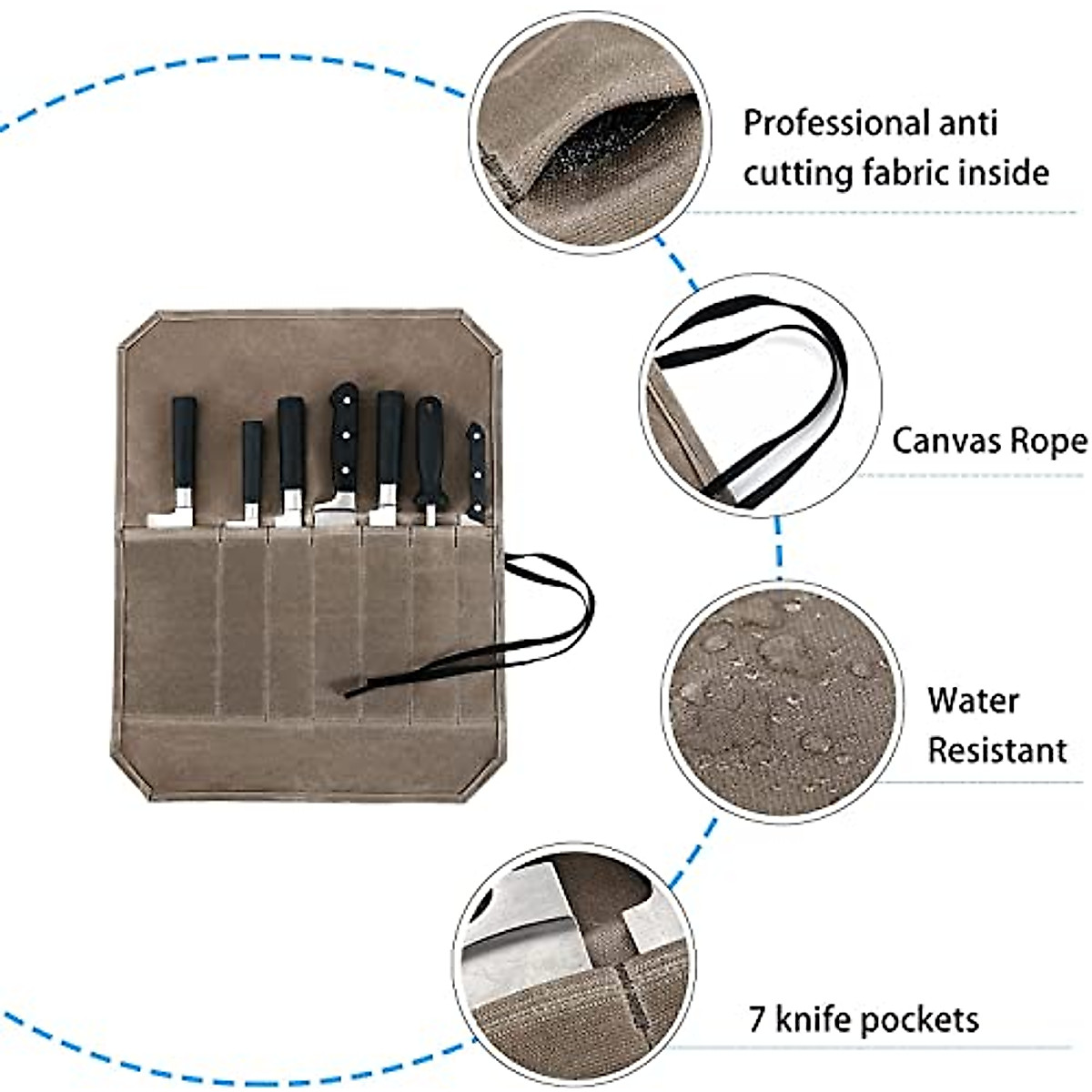 Knife Bag ,Knife Roll,Heavy Duty Knife Case,Waxed Canvas Chef Knife Roll Bag,Fold Up Knife Holders,Canvas Cutlery Holder with 6 Slots, Case Cooking Utensils.Knife Carrying Case Roll.Knives Protectors.