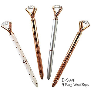 Rose Gold Diamond Pens | 4 Crystal Pens and 4 Navy Blue Velvet Gift Bags | Bling Pens Make Great Gifts for Women, Coworkers and Teachers | Beautiful Rose Gold Office Supplies