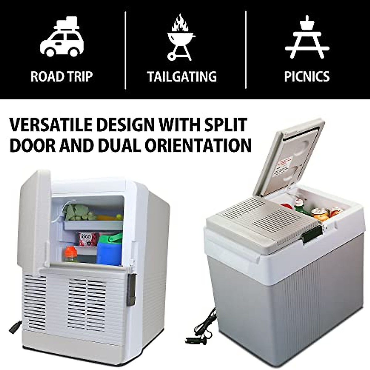 Koolatron Thermoelectric Iceless 12V Cooler/Warmer 33 qt (31 L), Electric Portable Car Fridge w/ 12 Volt DC Power Cord, Dual Opening, Gray/White, Travel Camping Fishing Trucking, Made in North America