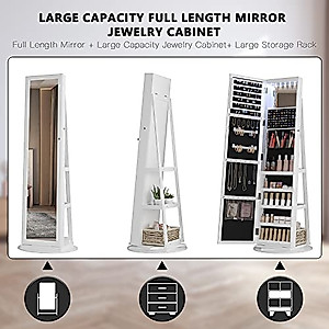 OUTDOOR DOIT 360° Rotating 67'' Jewelry Armoire with 6 LEDS, Full Length Mirror Large Capacity Jewelry Organizer Armoire, Lockable Floor Standing Mirror with Back Storage Shelves