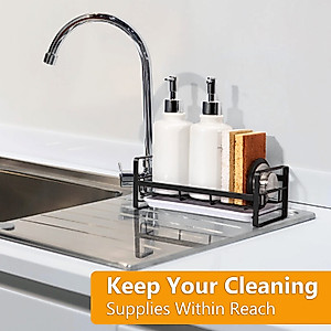 FANGSUN Large Sponge Holder for Kitchen Sink, 304 Stainless Steel Sink Caddy Organizer with Removable Drip Tray, Kitchen Countertop Dish Soap Holder, Not Include Soap Dispenser, Black