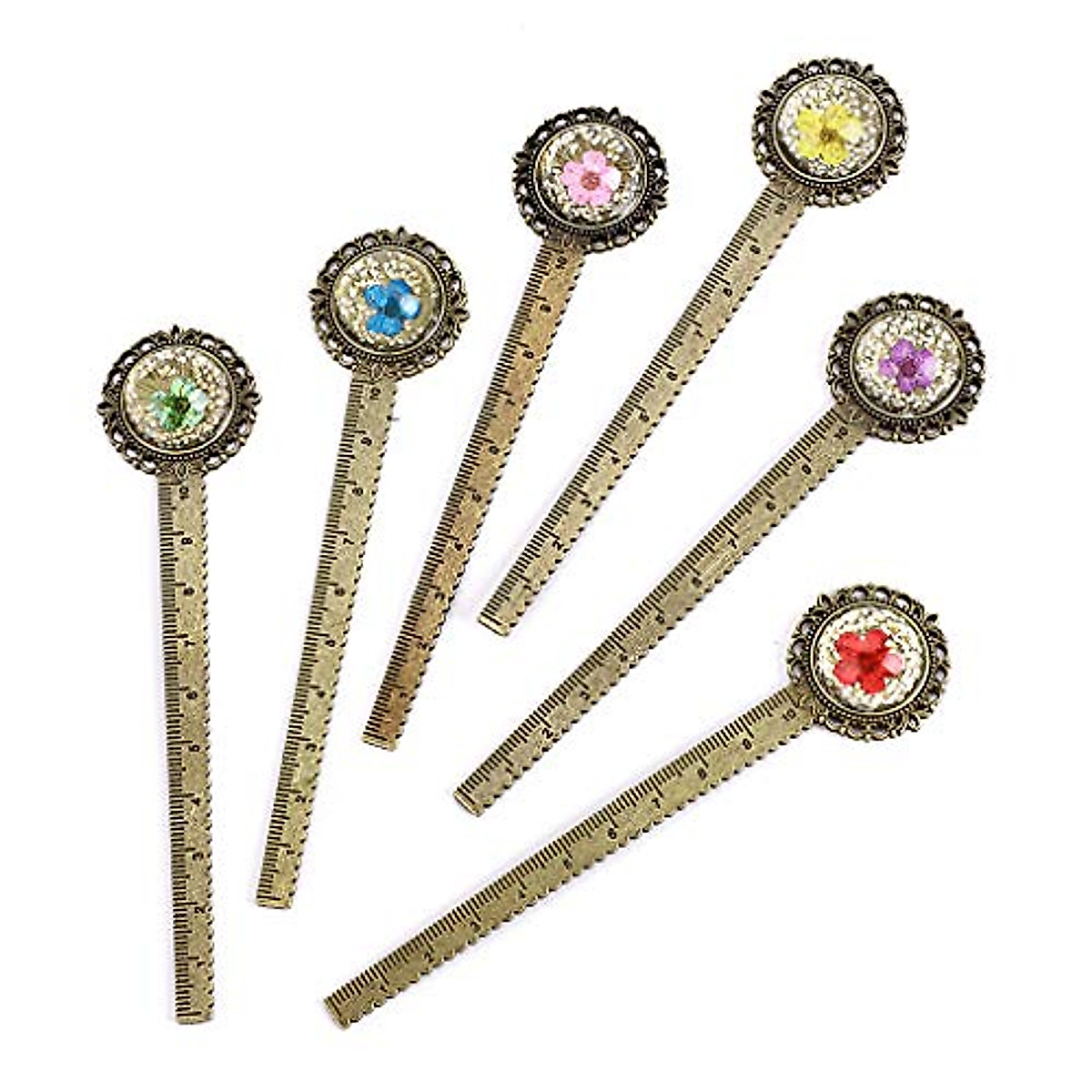 OwnMy 6 Pcs of Metal Bookmark Ruler, Bronze Book Mark Retro Bookmark with Vintage Dried Flower, Bookmark for Student, Kids, Teacher, Book Club (Cherry Blossoms)