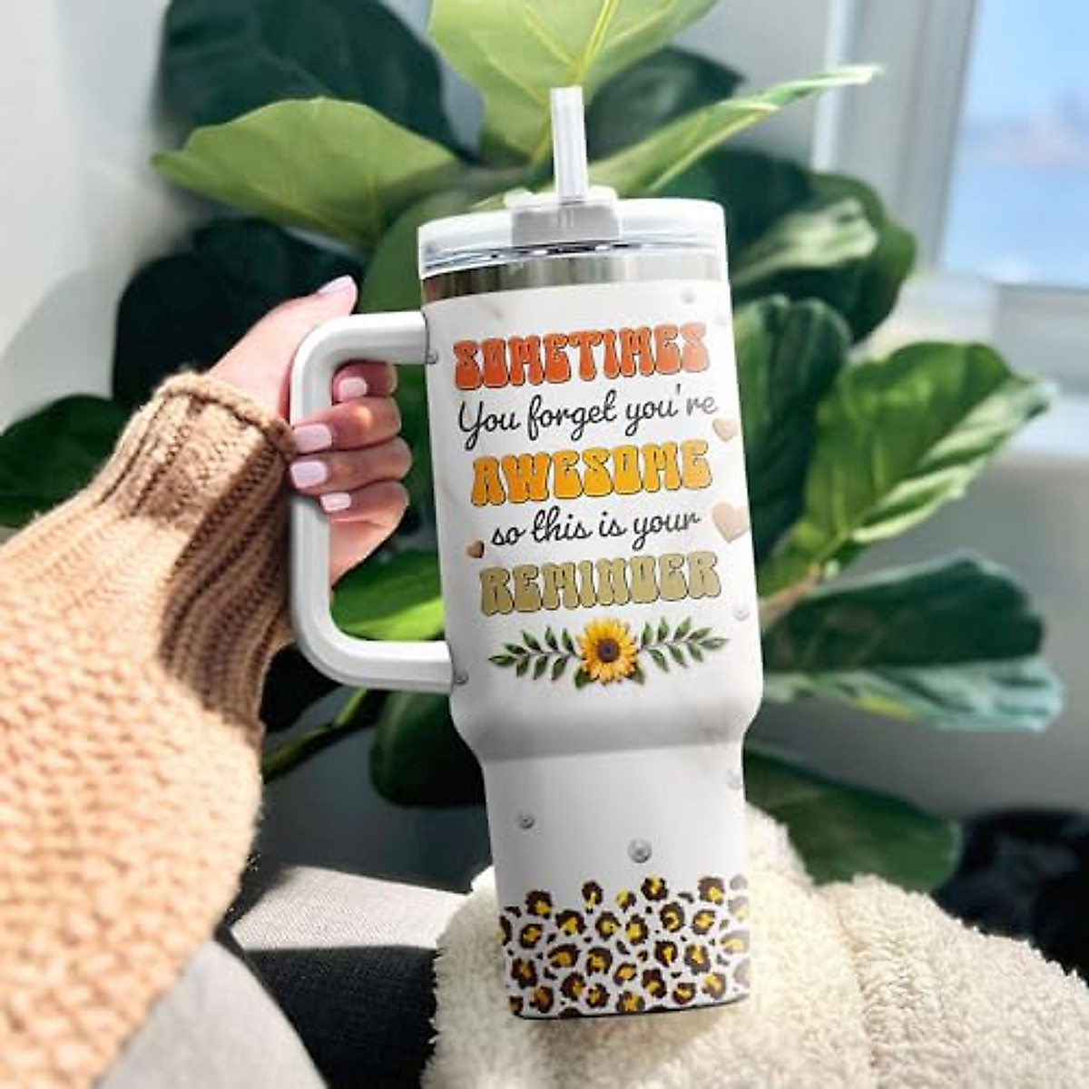 99WHALE Tumbler 40 Oz With Handle Lid And Straw, Auntie Rainbow Leopard, Rainbow Travel Coffee Mug Cup, Aunt Gifts, Cups For Black Gift Daisy Print Ever Handle Coffee Best Heart