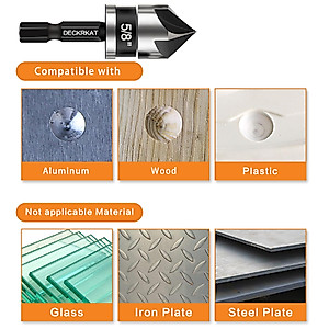 5 Pcs Countersink Drill Bit Set, 82 Degree, 5Flute with 1/4” Quick Change Hex Shank, Sizes 1/4” to 3/4” for Metal, Wood & Plastic, Ideal for Carpentry, Metalwork, Plastic Fabrication